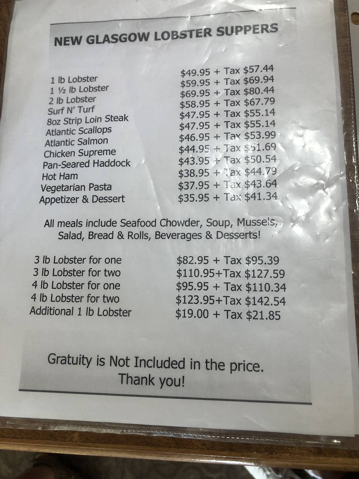 Menu at New Glasgow Lobster Suppers restaurant, Canada