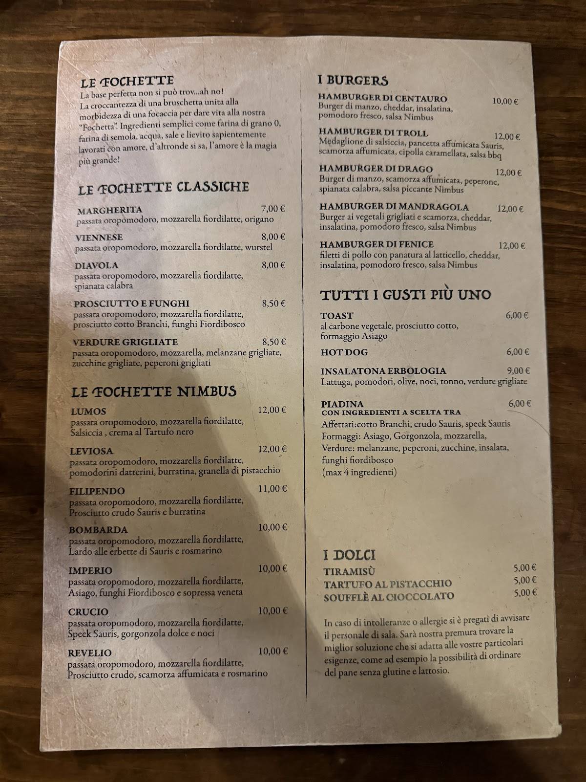 Menu au Nimbus Pub, Vicence
