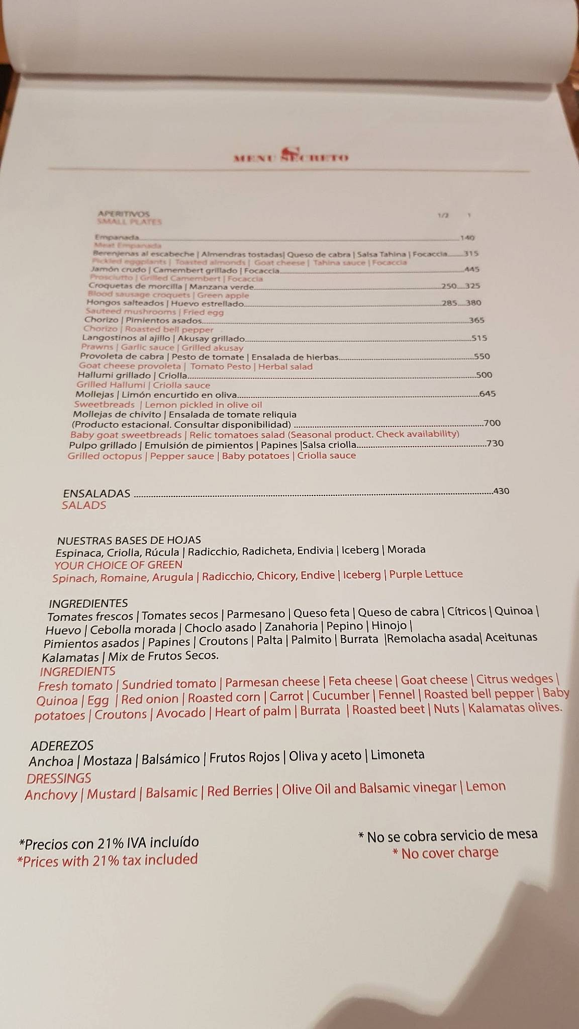 Menu at Nuestro Secreto restaurant, Buenos Aires, Posadas 1086