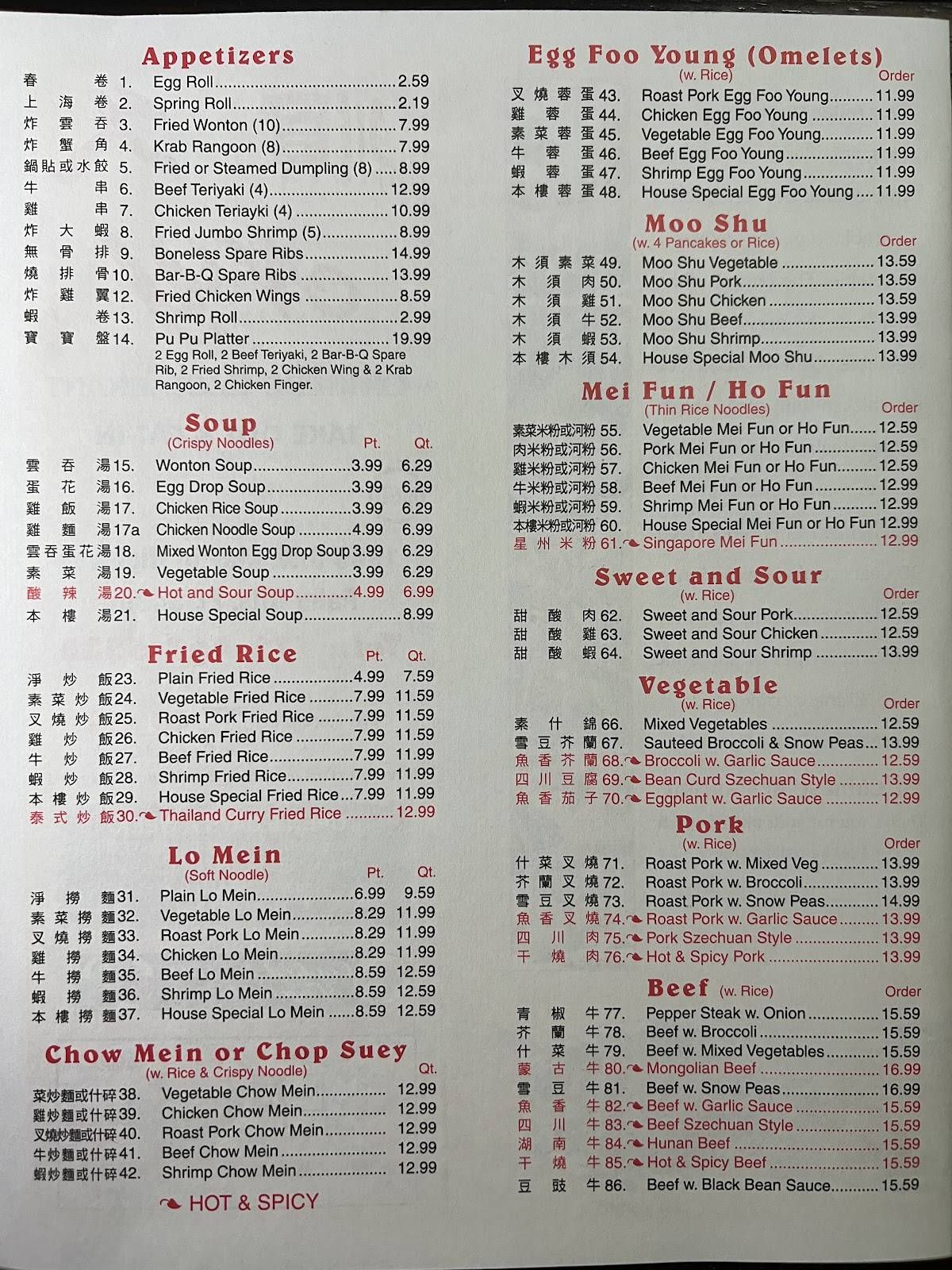 Menu at Ny Chinese Restaurant, Palm City