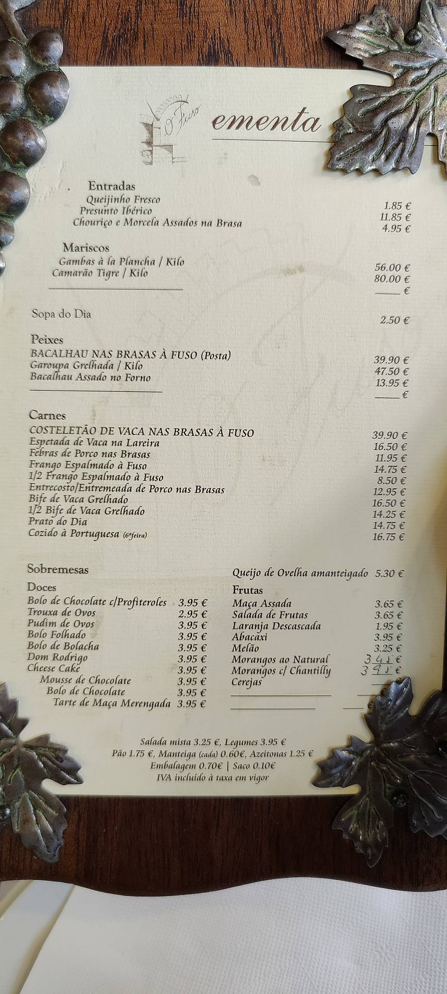 Carta de Restaurante O Fuso, Arruda dos Vinhos