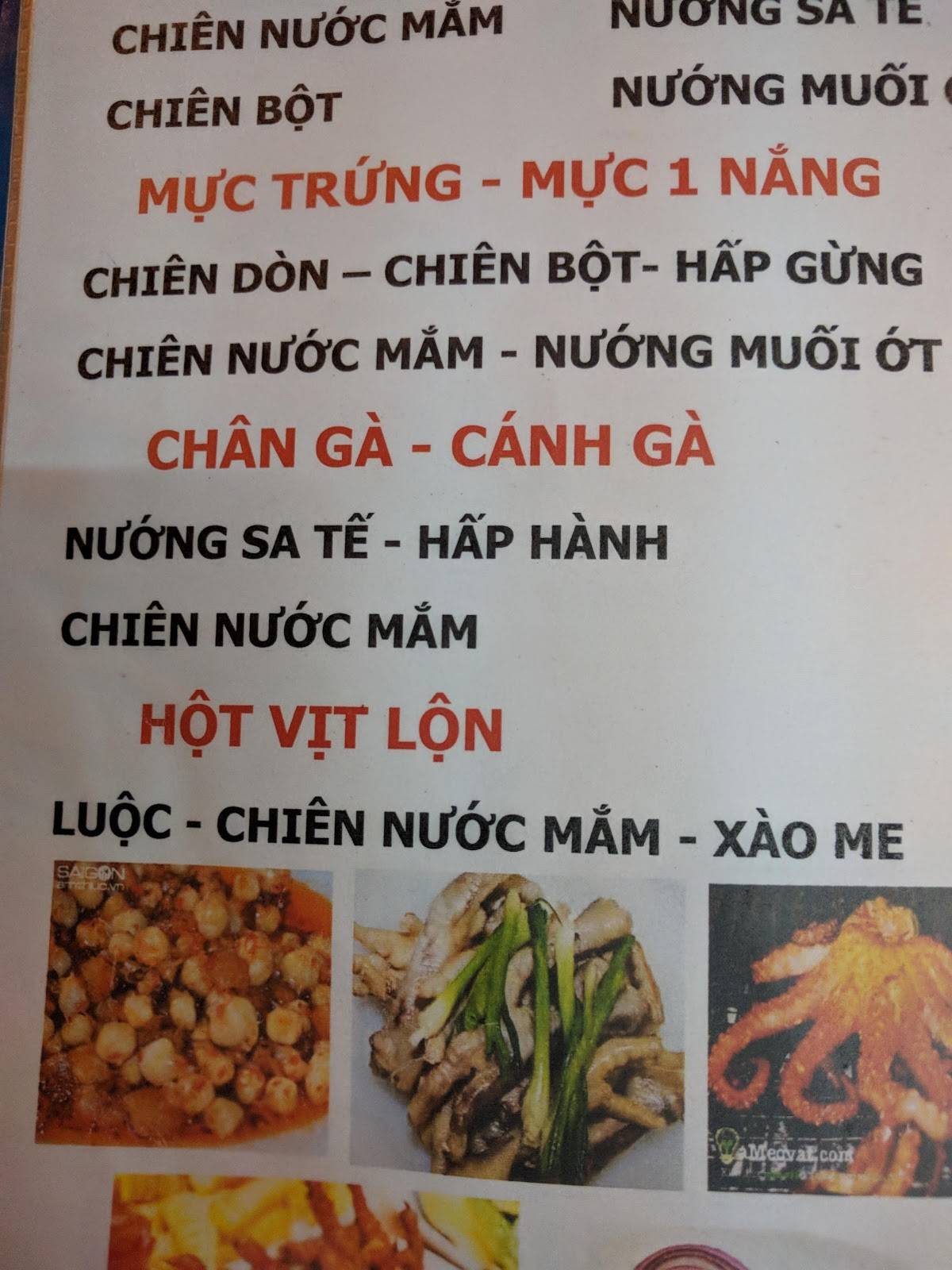 Menu at Ốc Châu restaurant, Ho Chi Minh City, 159 Ngô Thị Thu Minh