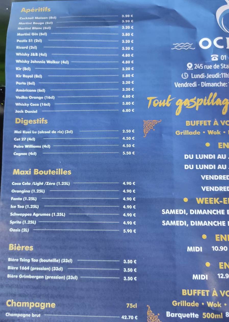 Menu au Restaurant Océan, Bobigny