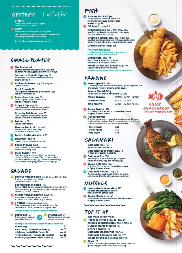 Menu au Ocean Basket Table Bay Mall restaurant, Le Cap, Shop G132
