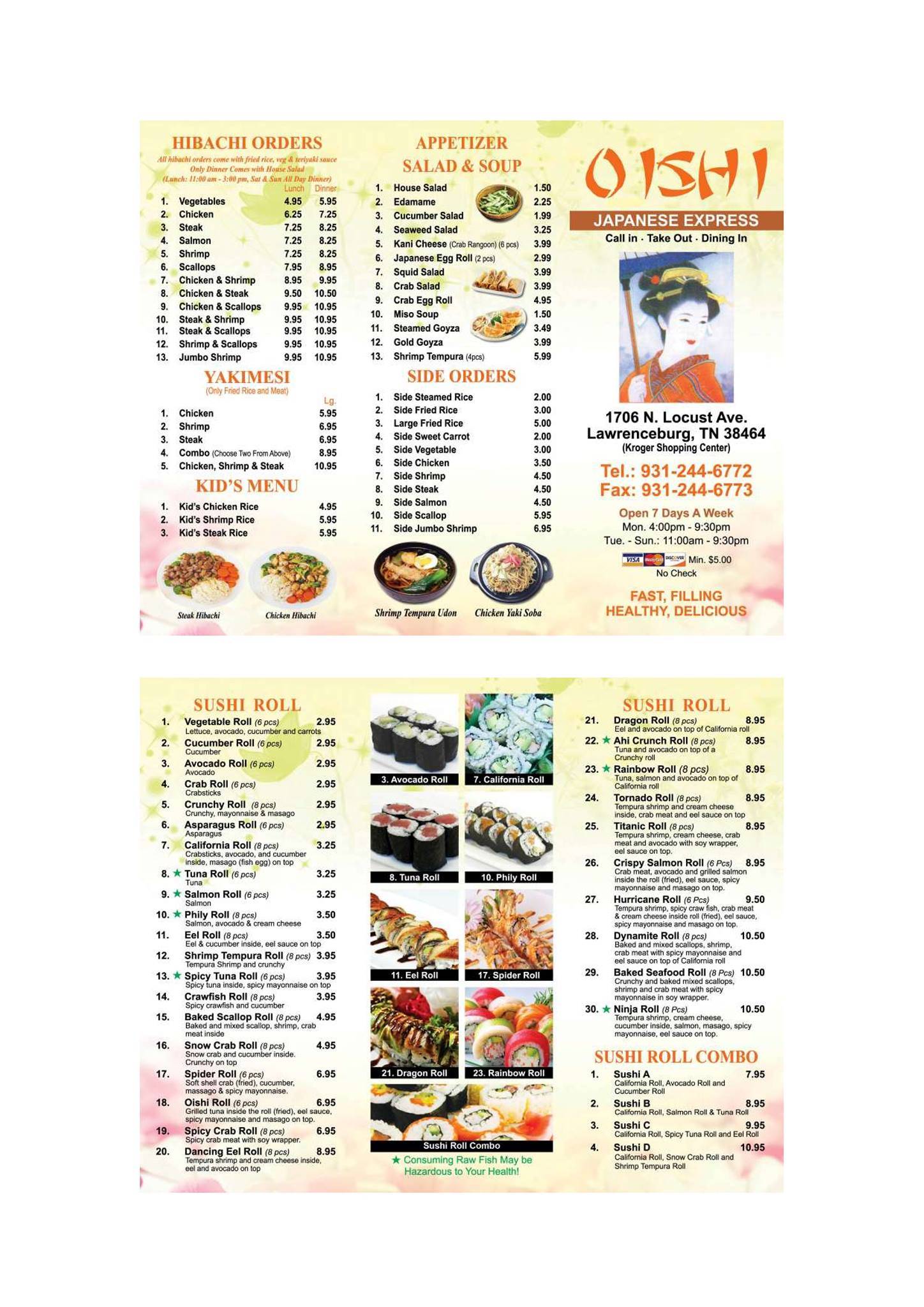 Menu at Oishi Japanese Express restaurant, Lawrenceburg