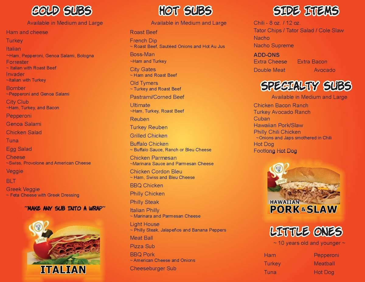 Menu at Old City Subs restaurant, St. Augustine, US-1