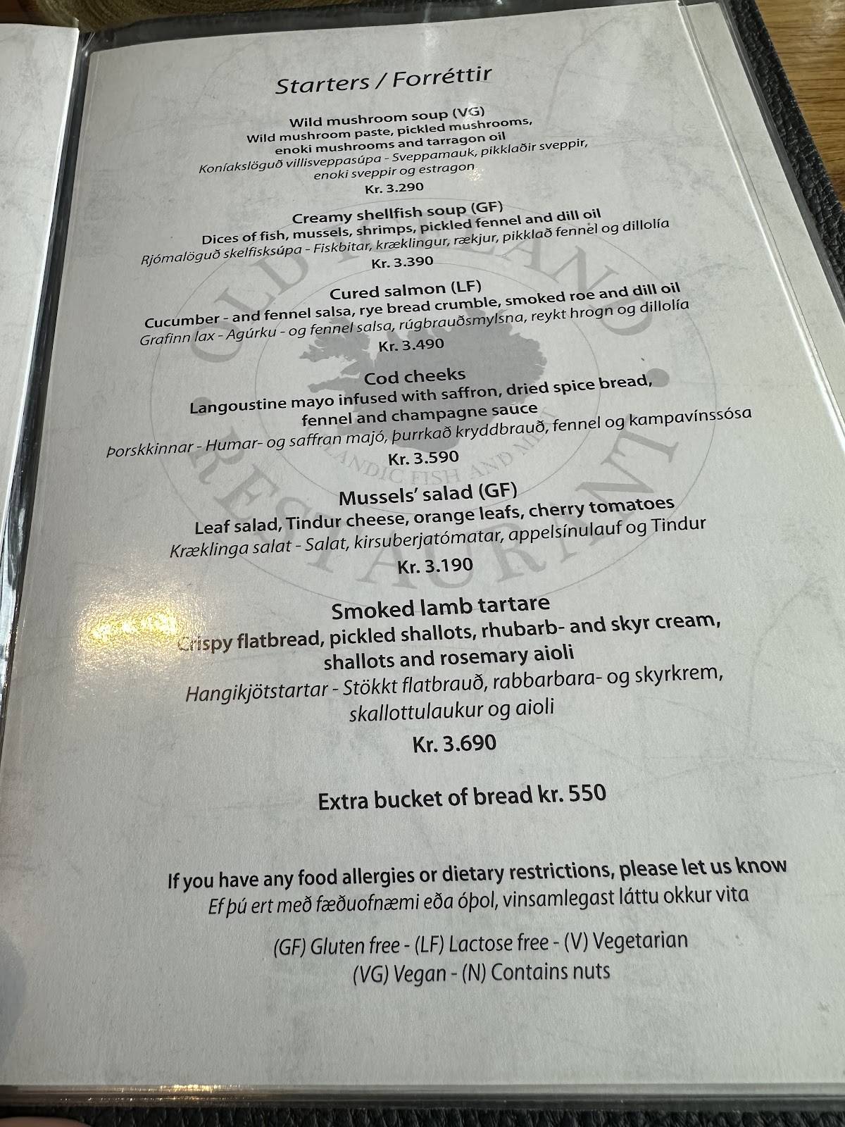 Menu at Old Iceland restaurant, Reykjavík