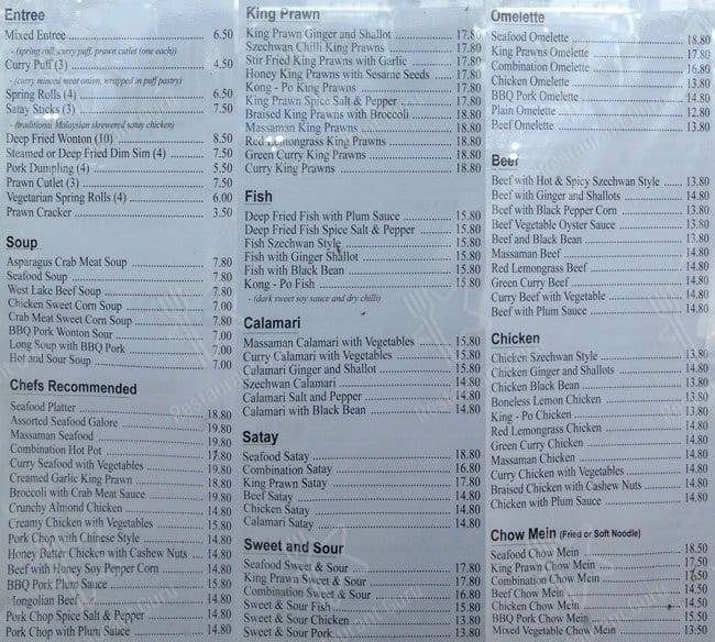Menu at Oriental Chef restaurant, Bracken Ridge