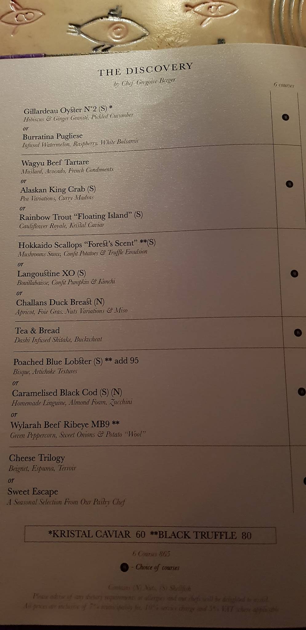 Menu at Ossiano restaurant, Dubai
