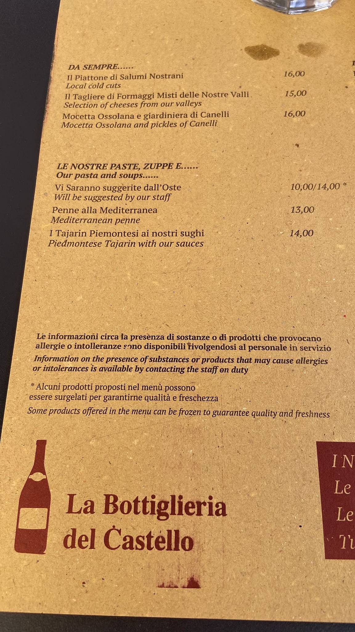 Menu da Osteria del Castello ristorante, Verbania