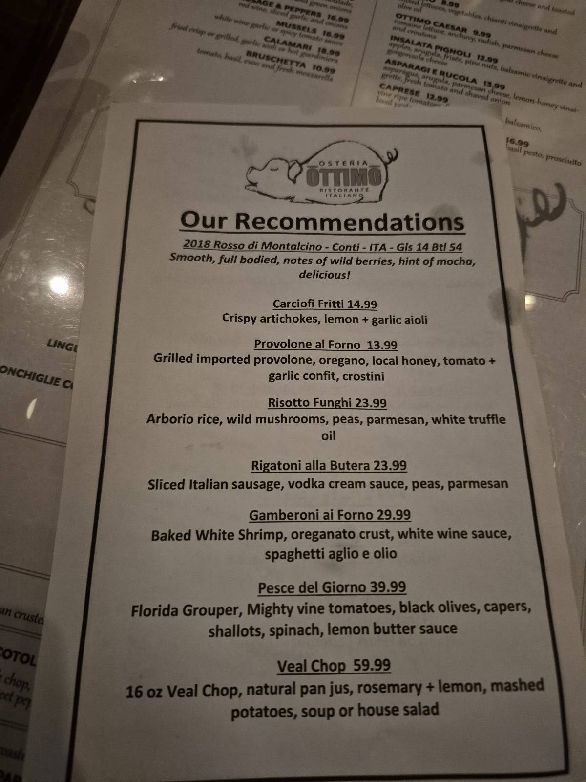 Menu at Ottimo restaurant, Orland Park