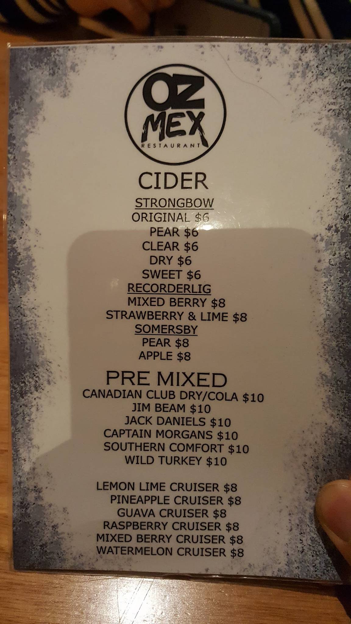 Menu at Oz Mex restaurant, Bairnsdale