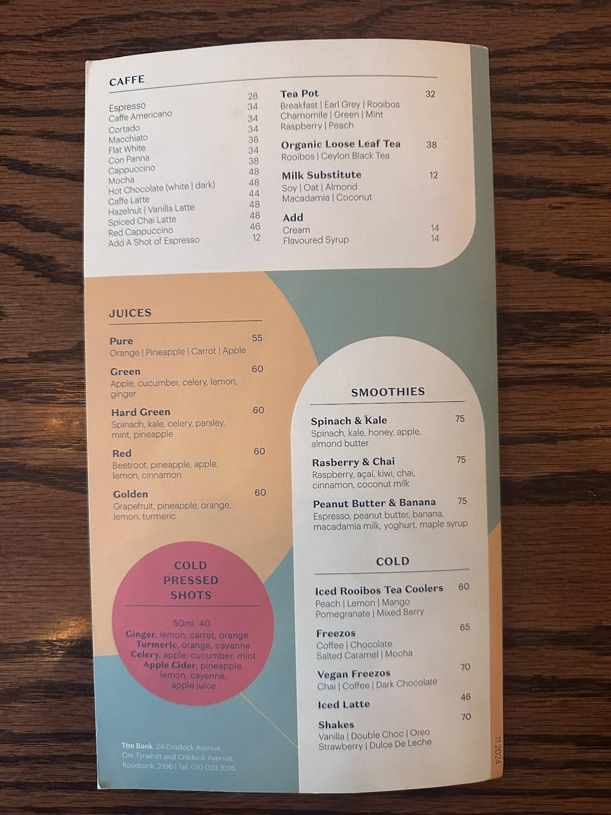 Menu at PROUD MARY restaurant, Johannesburg, The Bank