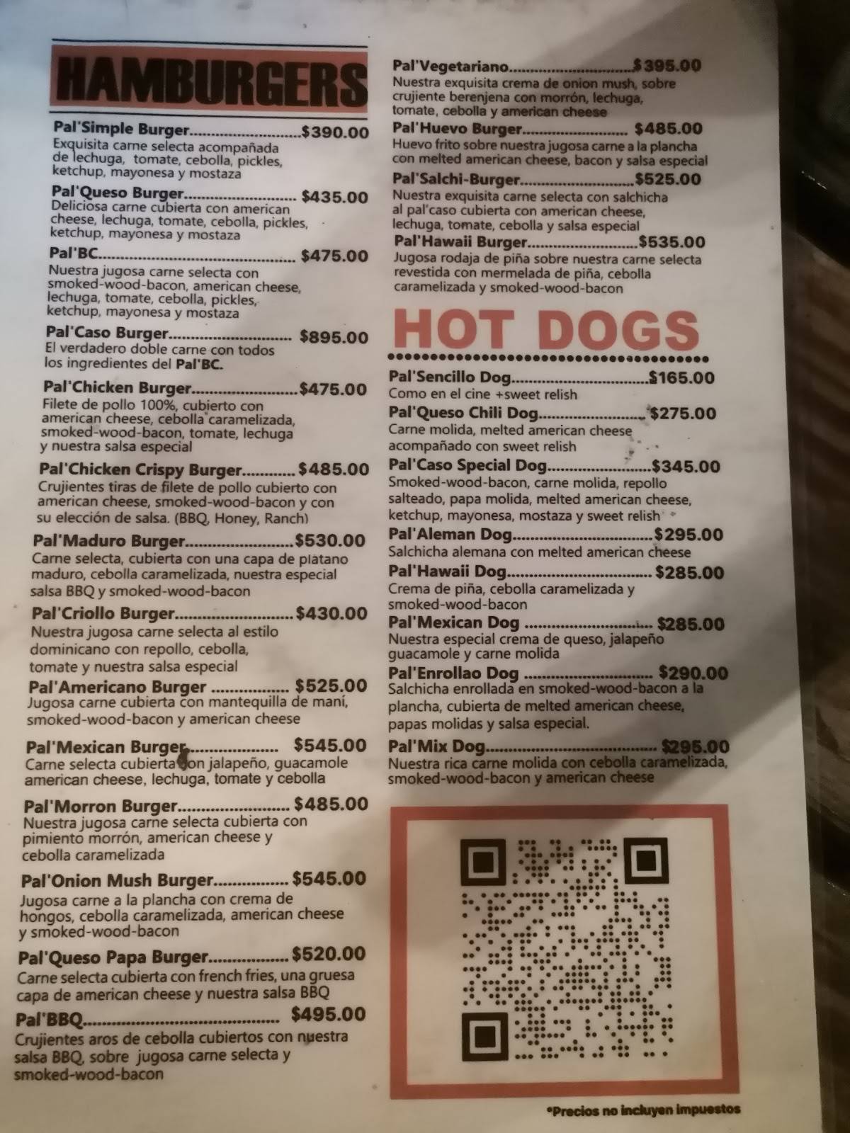 Menu at Pal Caso restaurant, Santo Domingo