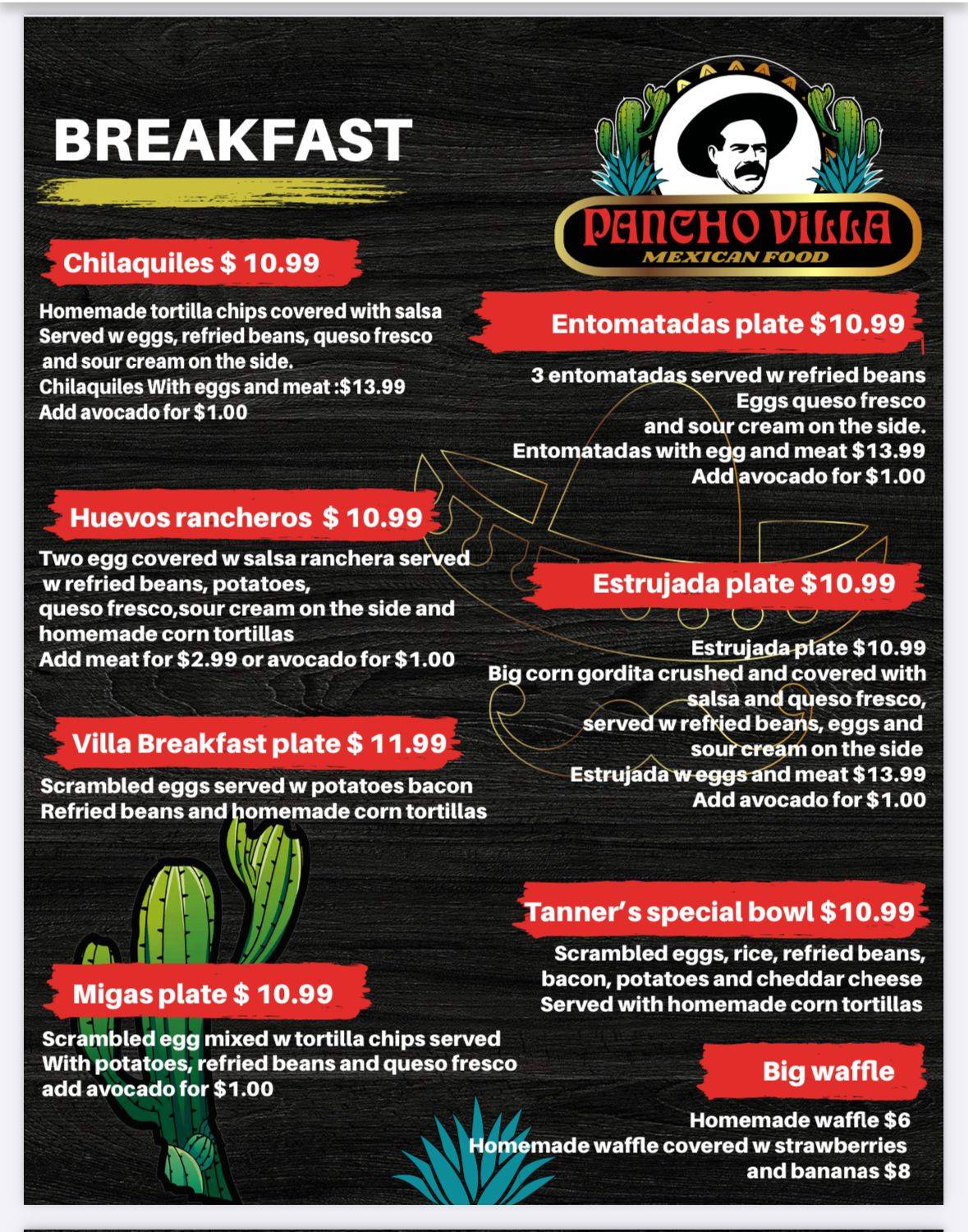Menu at Pancho Villa Mexican Food Brenham restaurant, Brenham