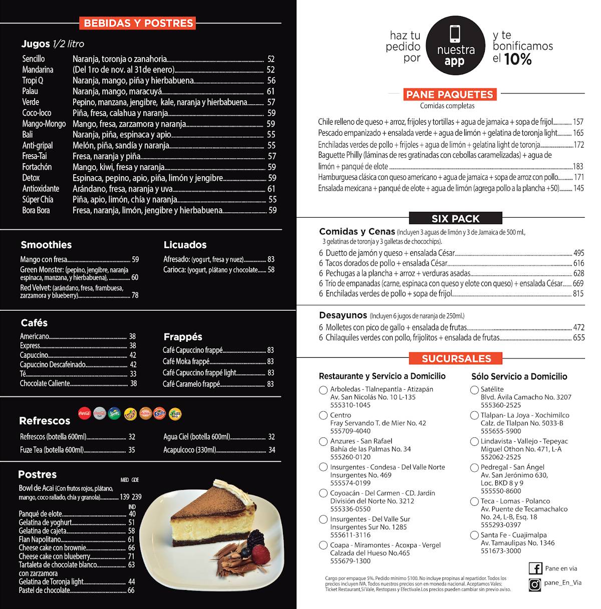 Carta del restaurante Pane envia, Ciudad del México, Calz. del Hueso 465