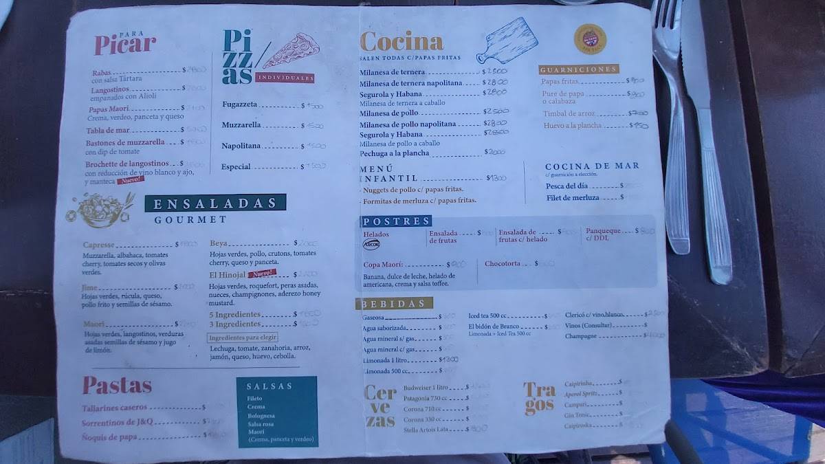 Carta del restaurante Parador Maorí, Villa Gesell
