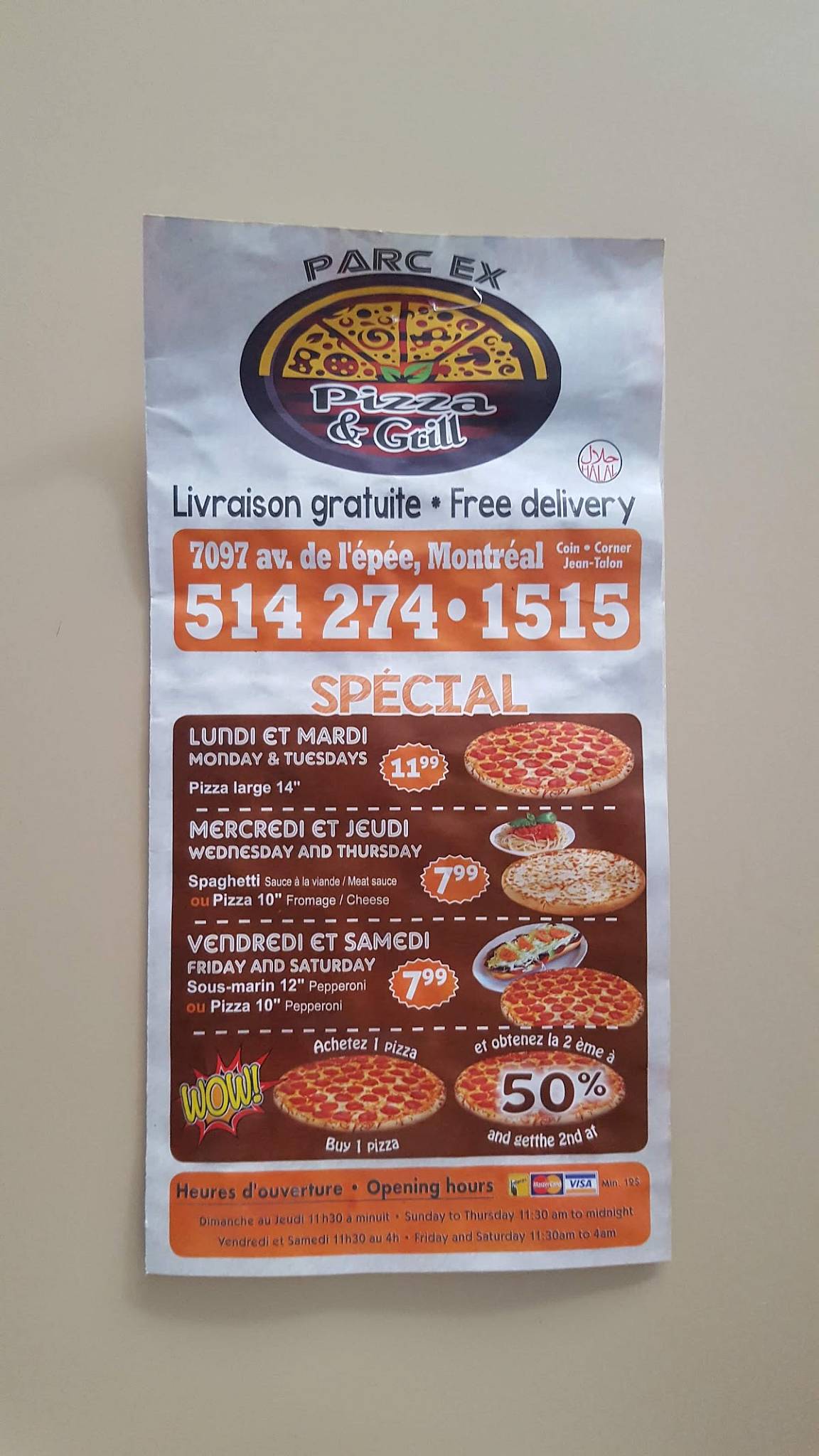 Menu au Parc ex pizza and grill restaurant, Montréal