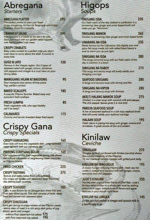 Menu at Parilya restaurant, Cebu City, City di Mare Visitor Center