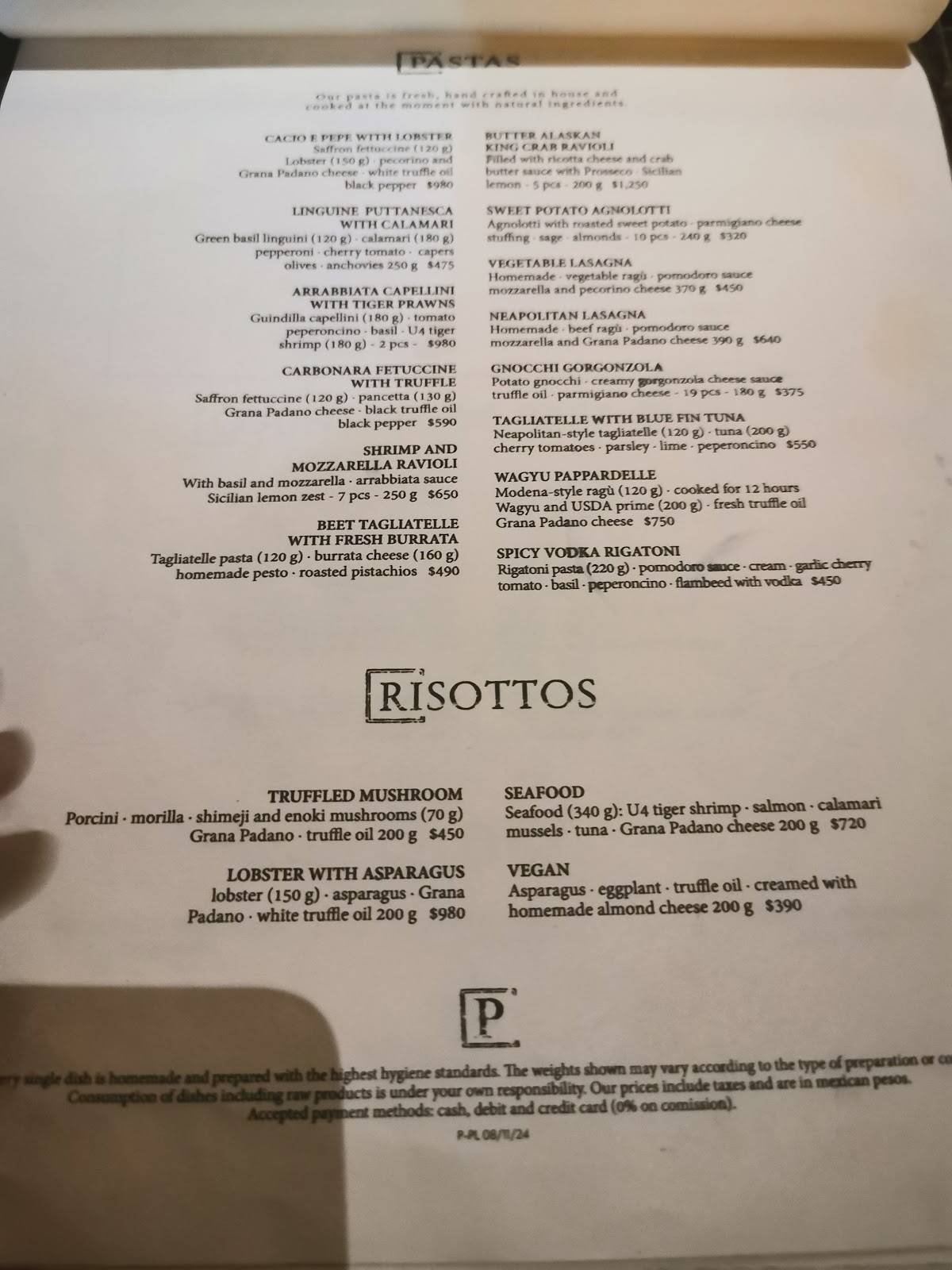 Carta de Parole Polanco | Restaurante Italiano, Ciudad López Mateos