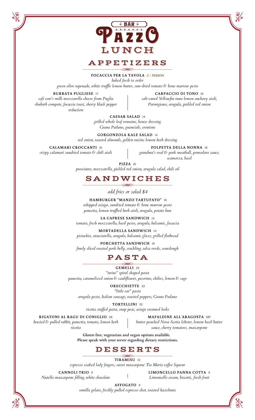 Menu au Pazzo Ristorante & Enoteca restaurant, Halifax
