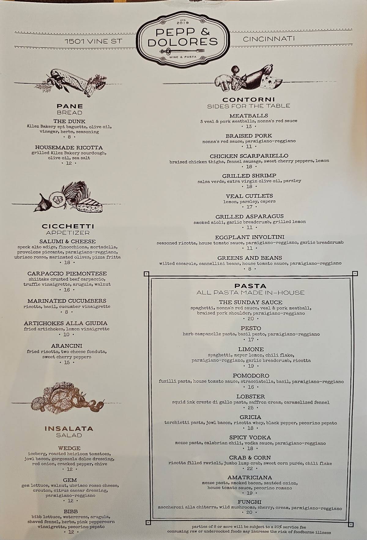 Menu at Pepp & Dolores restaurant, Cincinnati