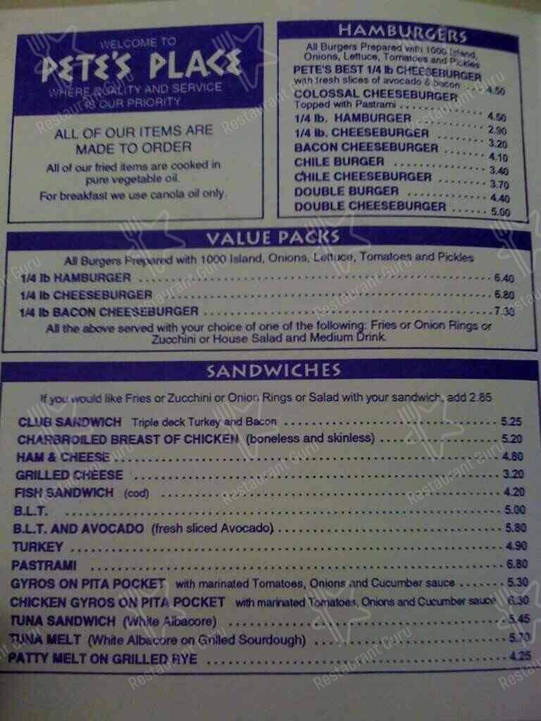 Menu at Pete's Place restaurant, Oakhurst
