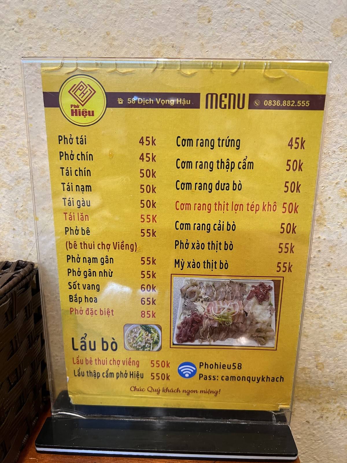 Menu at Phở Hiệu restaurant, Hanoi, 58 P. Dịch Vọng Hậu