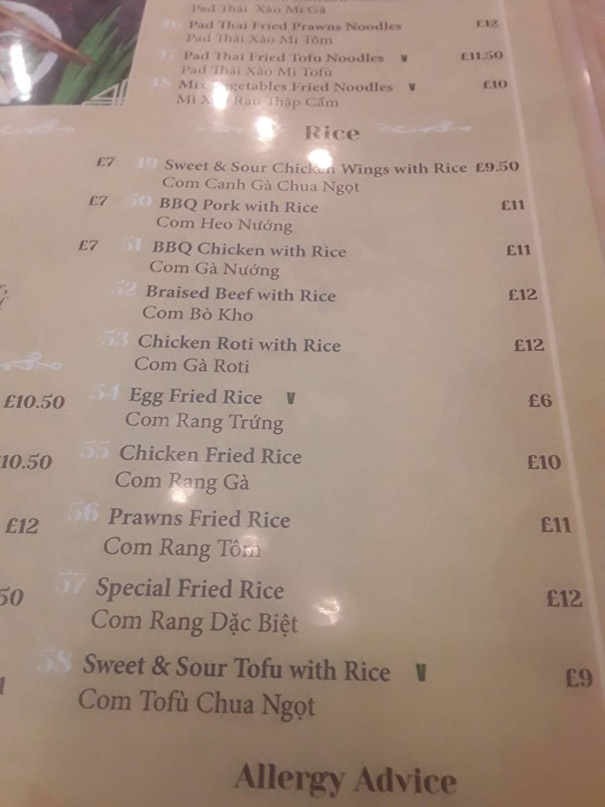 Menu at Pho Inn restaurant, London