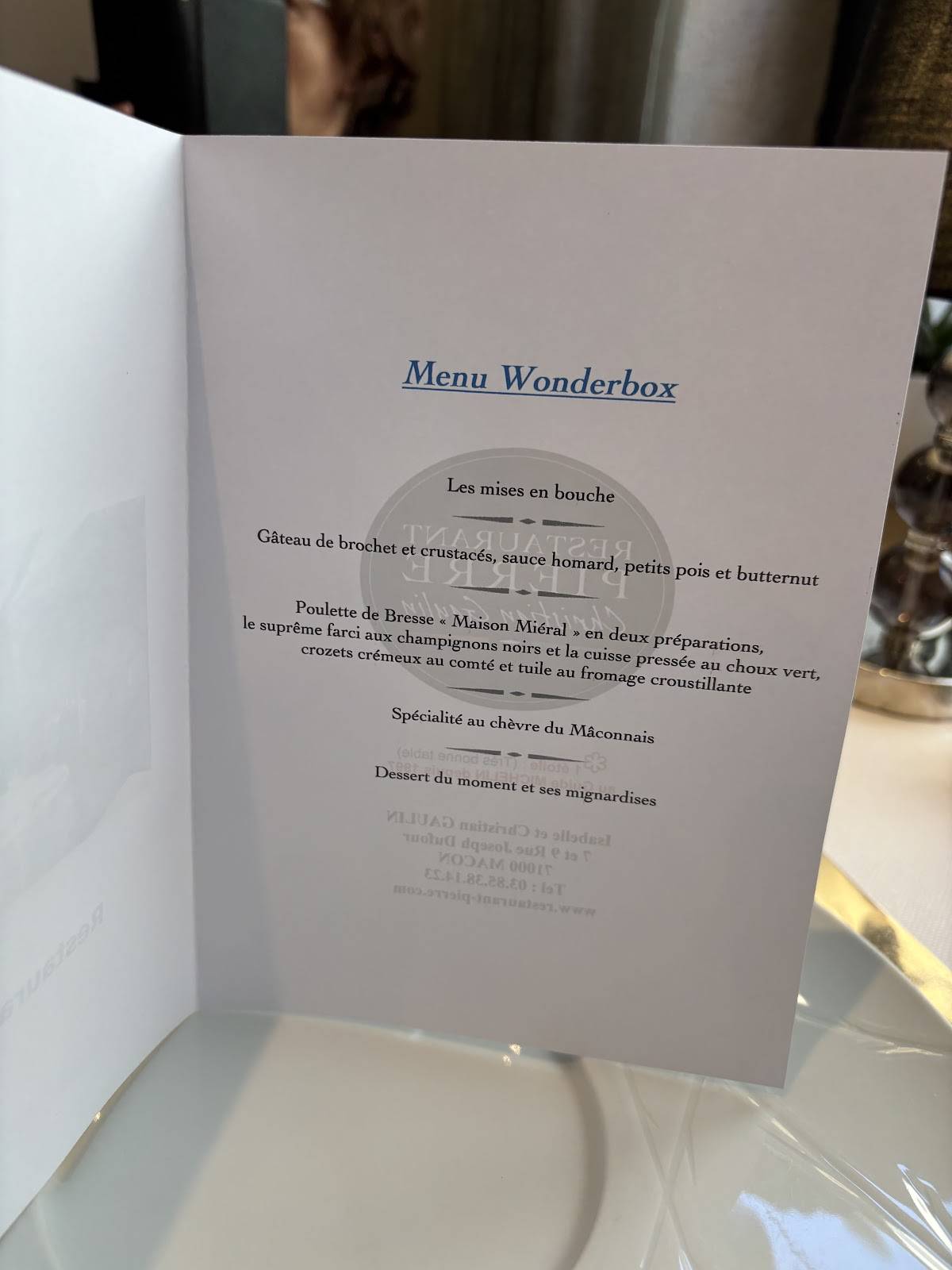 Menu au Restaurant Pierre, Mâcon