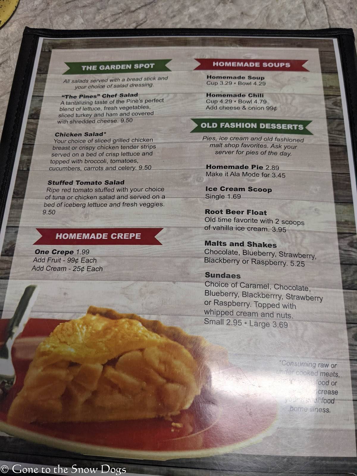 Menu at Pines Cafe, Ironwood