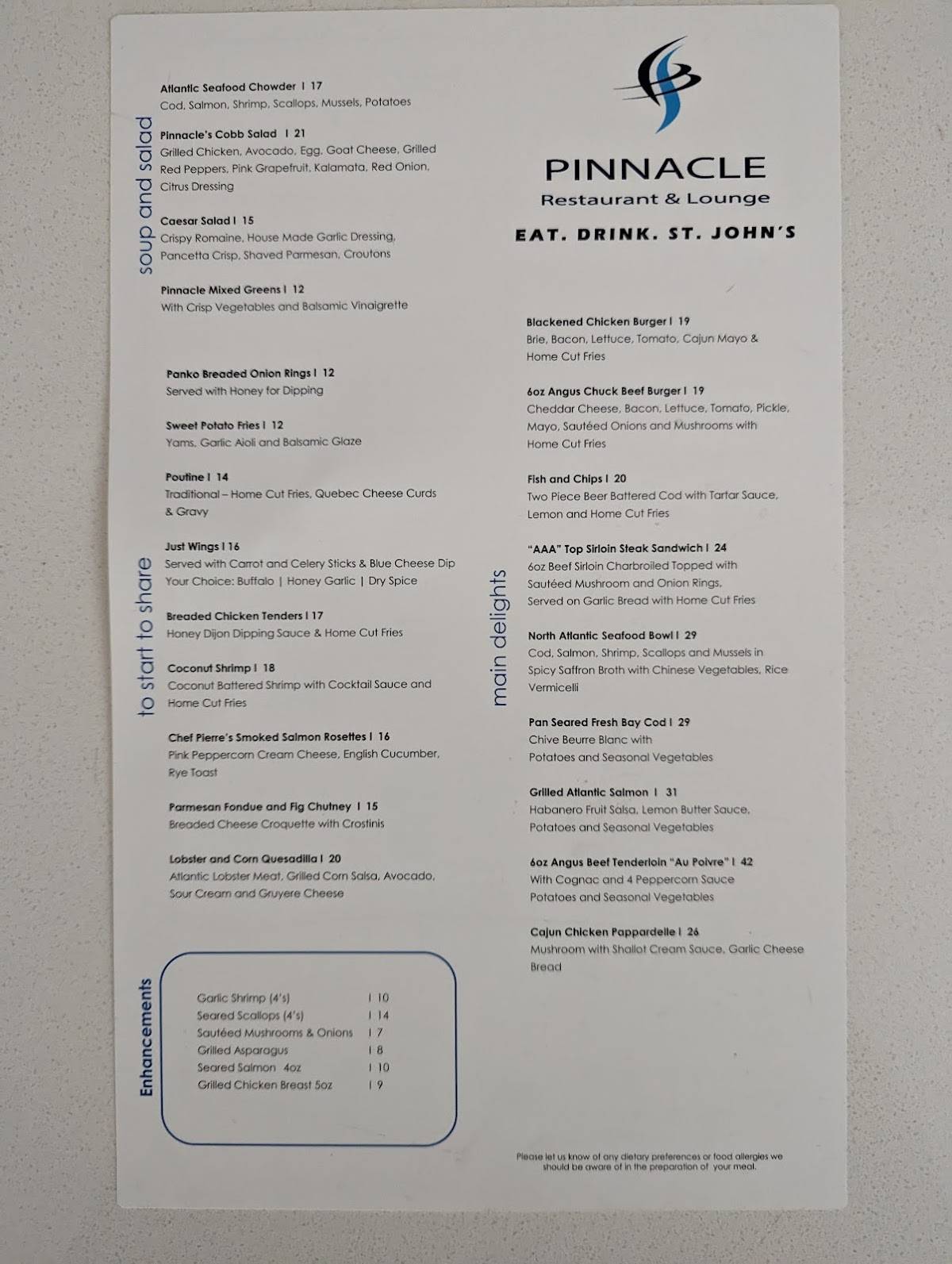 Menu at Pinnacle Restaurant and Lounge, St. John's