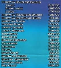 Menu at Pixie's Sinugba restaurant, Quezon City, Market