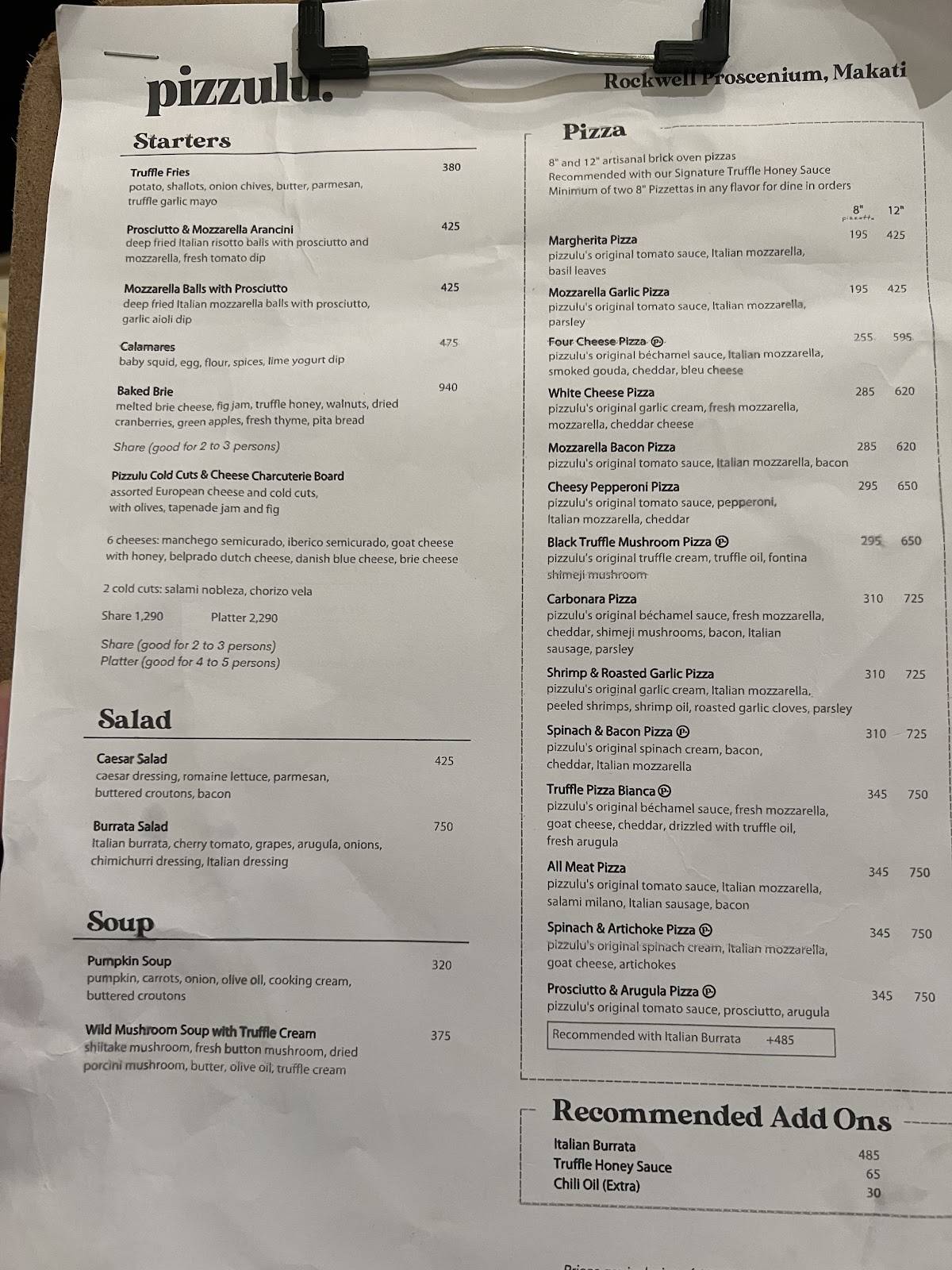 Menu at Pizzulu Rockwell restaurant, Makati