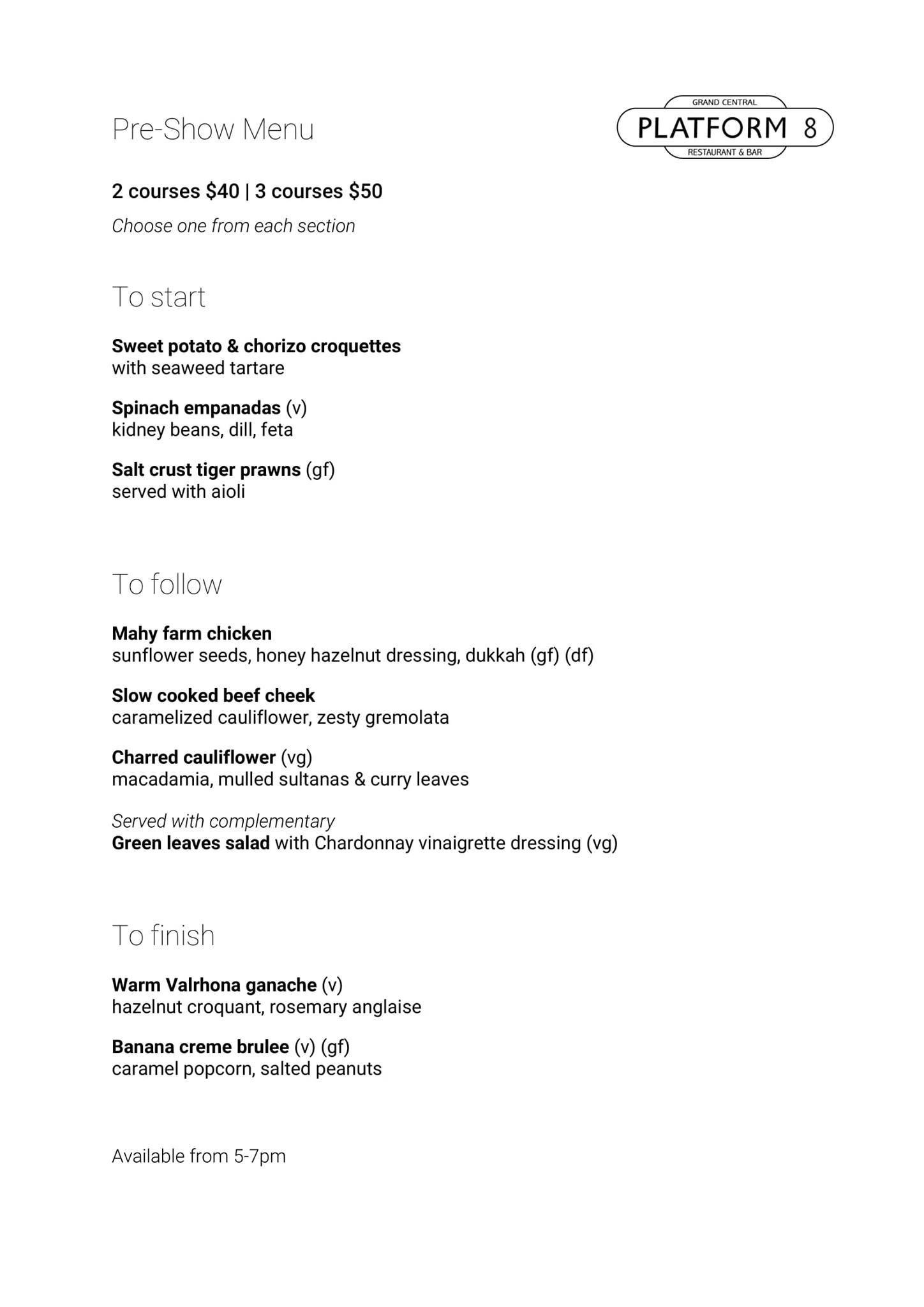 Menu at Platform 8 - Restaurant & Bar, Auckland
