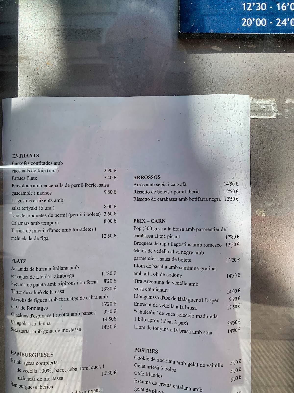 Carta de Restaurante Platz, Lérida