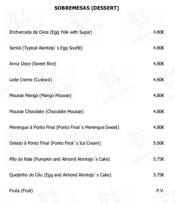Menu at Restaurante Ponto Final, Almada