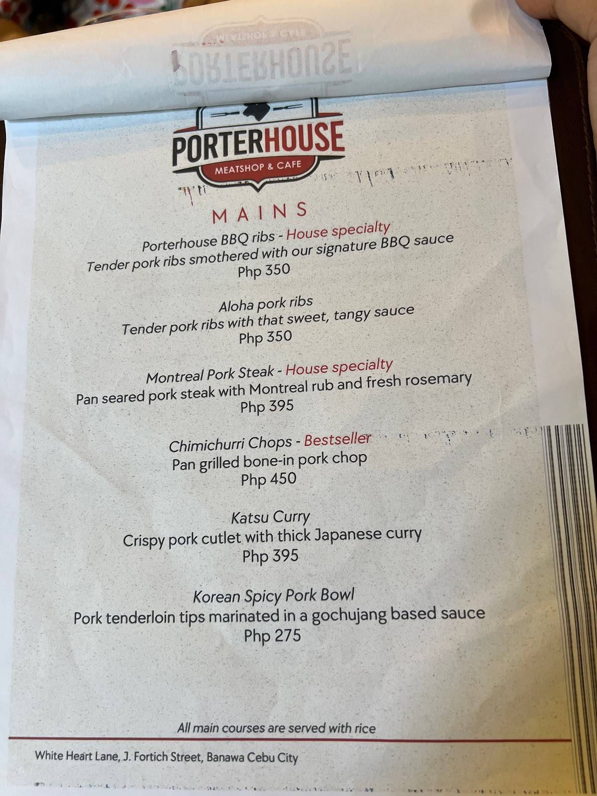 Menu at Porterhouse Meatshop & Cafe, Cebu City