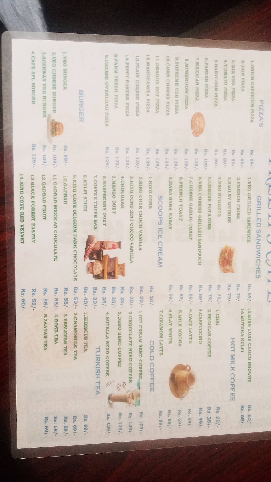 Menu at Preeti's cafe, Hyderabad