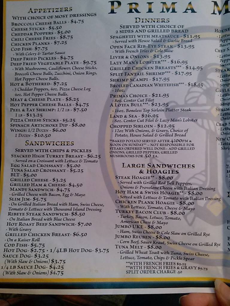 Menu at Prima Marina Incorporated restaurant, Moundsville