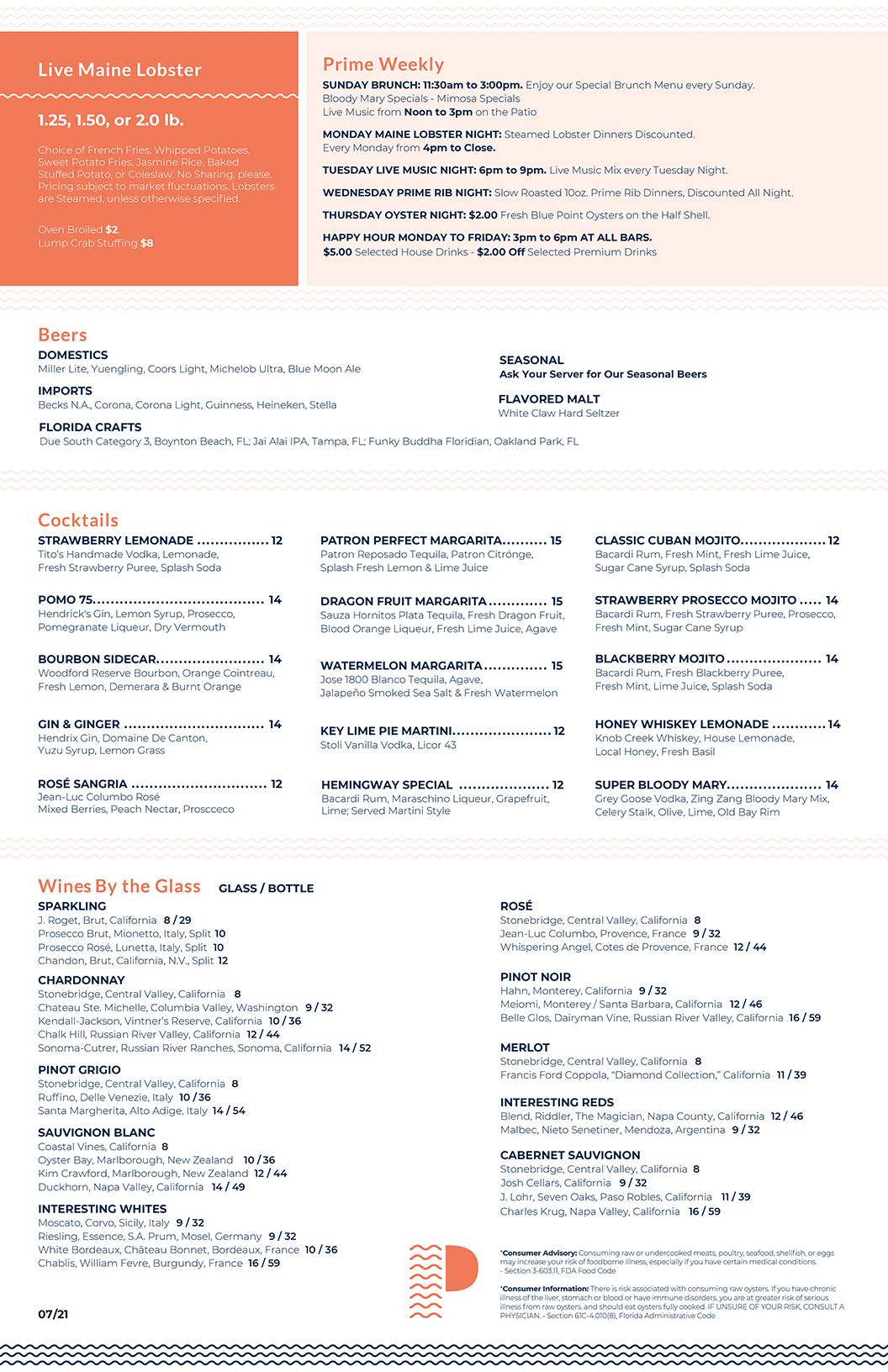 Menu at Prime Catch pub & bar, Boynton Beach
