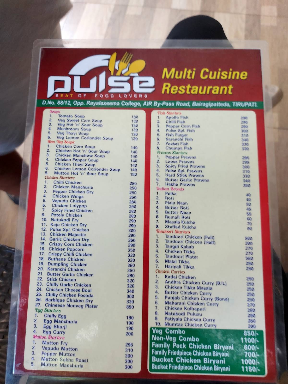 Menu at Pulse Restaurant, Tirupati
