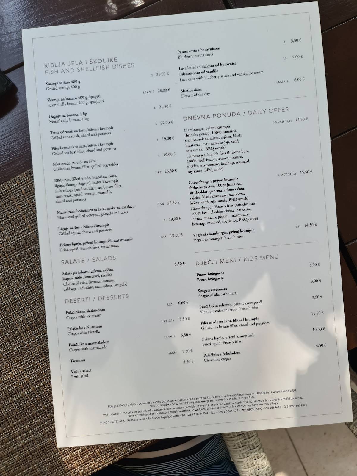 Menu at Restaurant Punta Rata, Brela