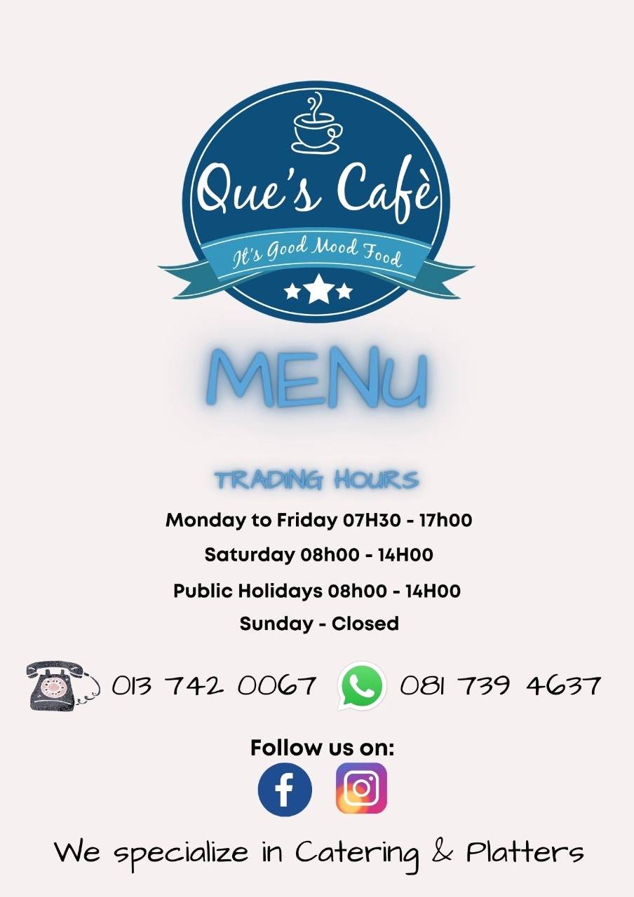 Menu at Que's Cafè restaurant, Nelspruit