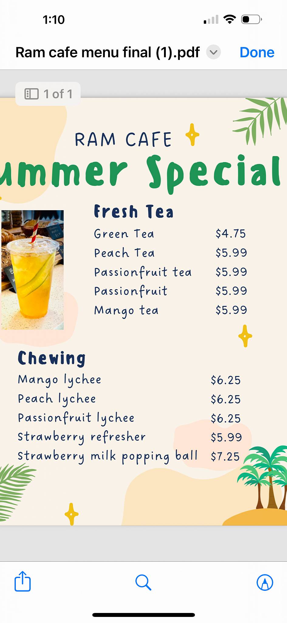 Menu at RAM Cafe, Calgary