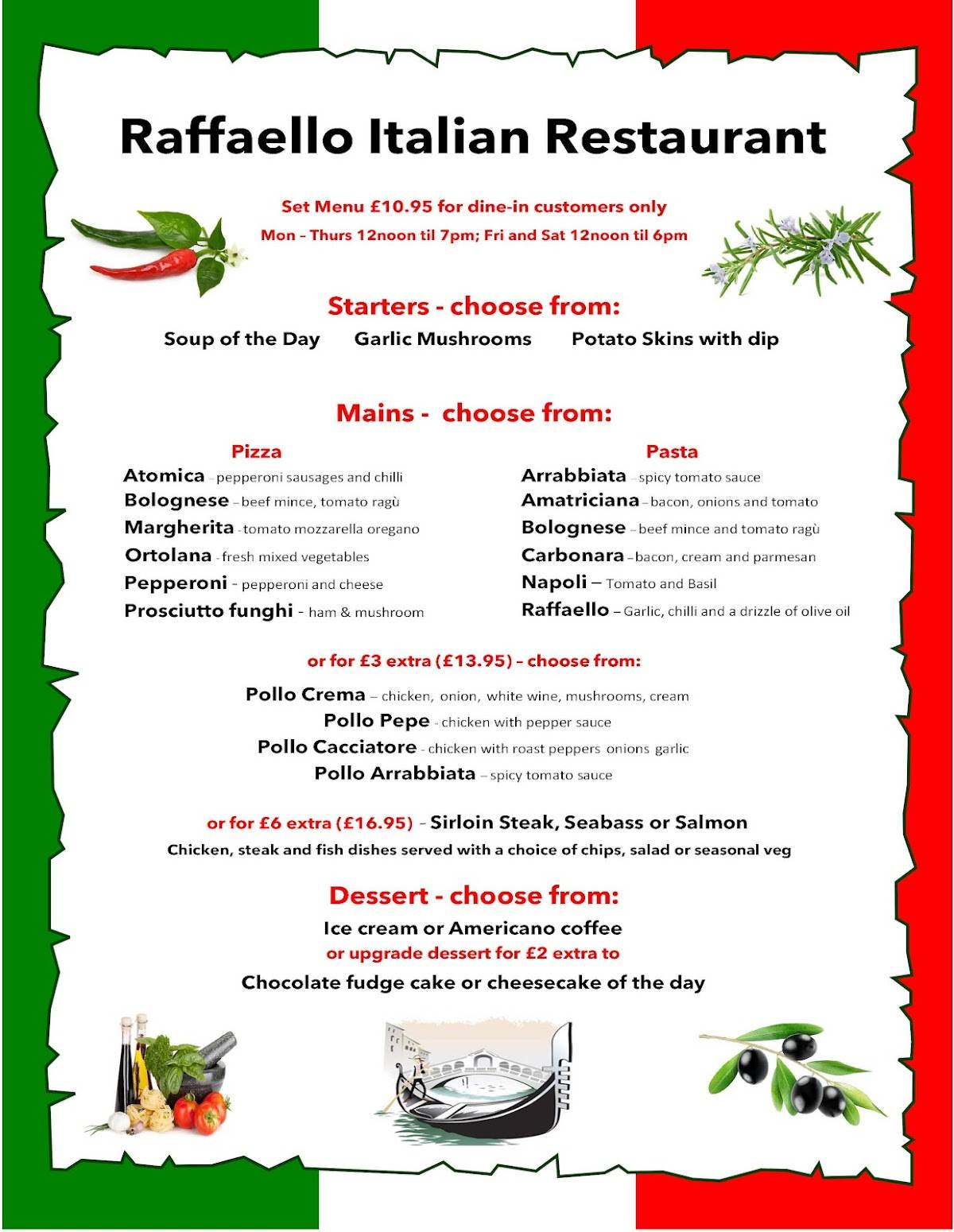 Menu at Raffaello's Guidepost restaurant, Choppington