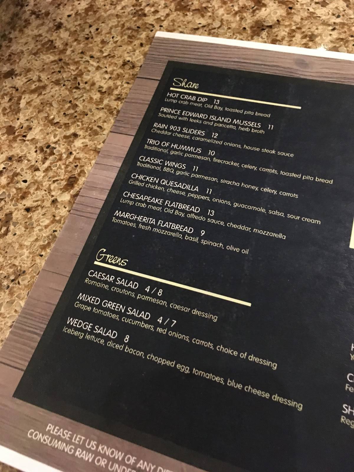 Menu at Rain 903 restaurant, Towson