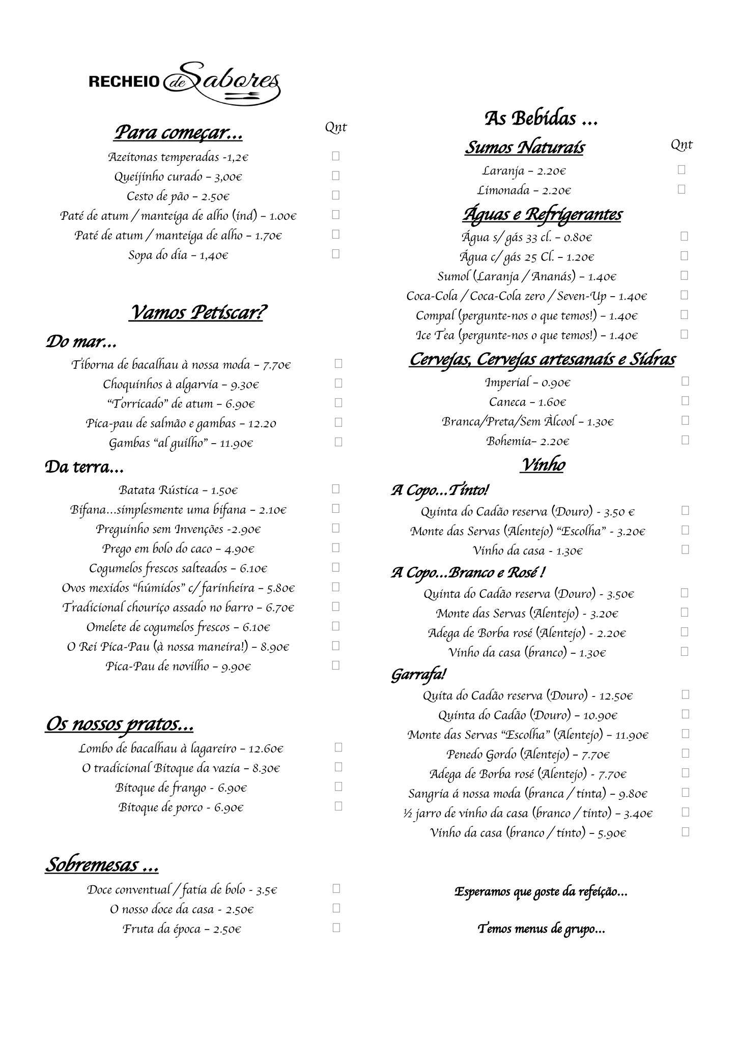 Menu em Recheio De Sabores restaurante, Lisboa