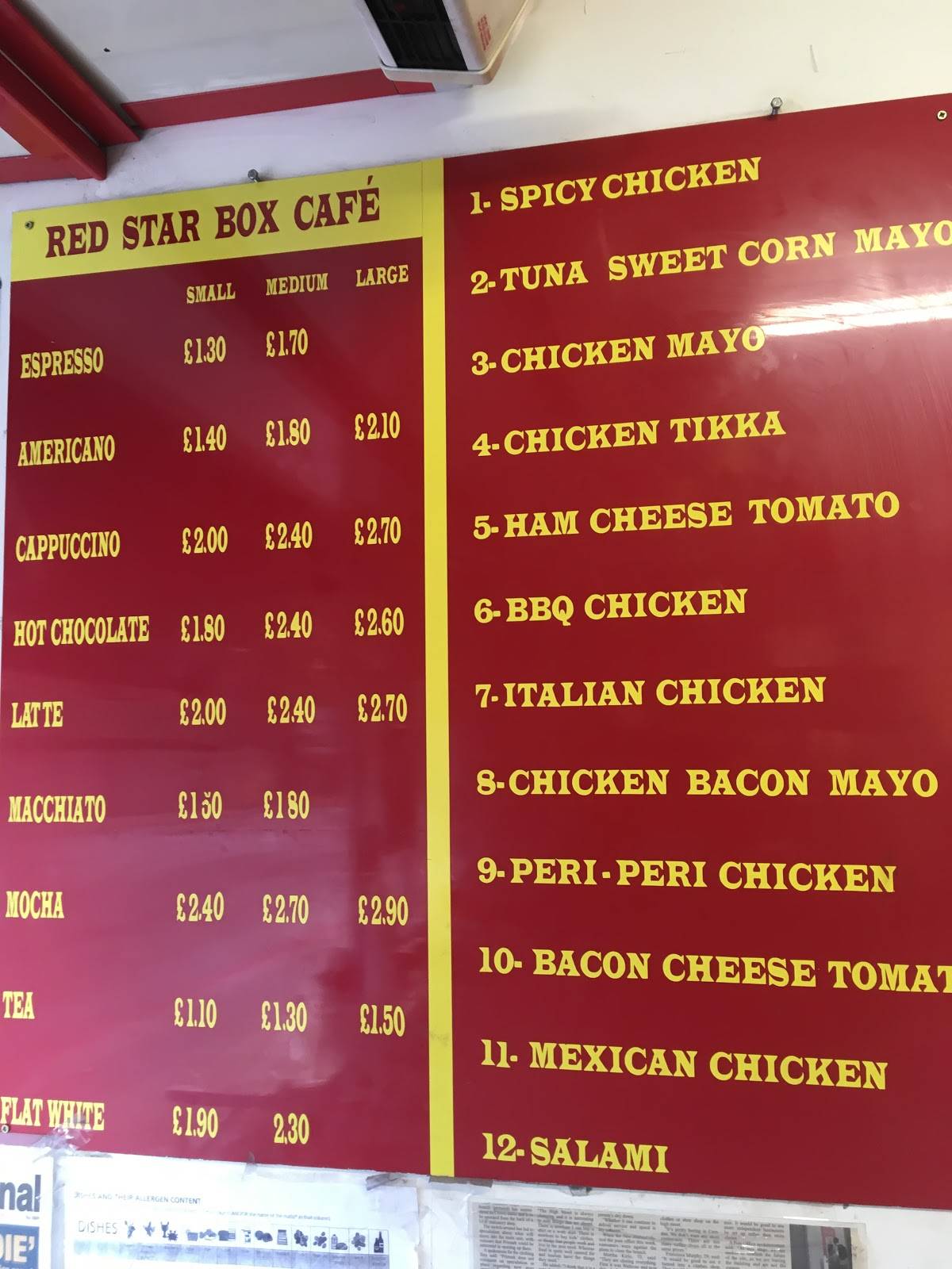 Menu at Red star box coffee, London