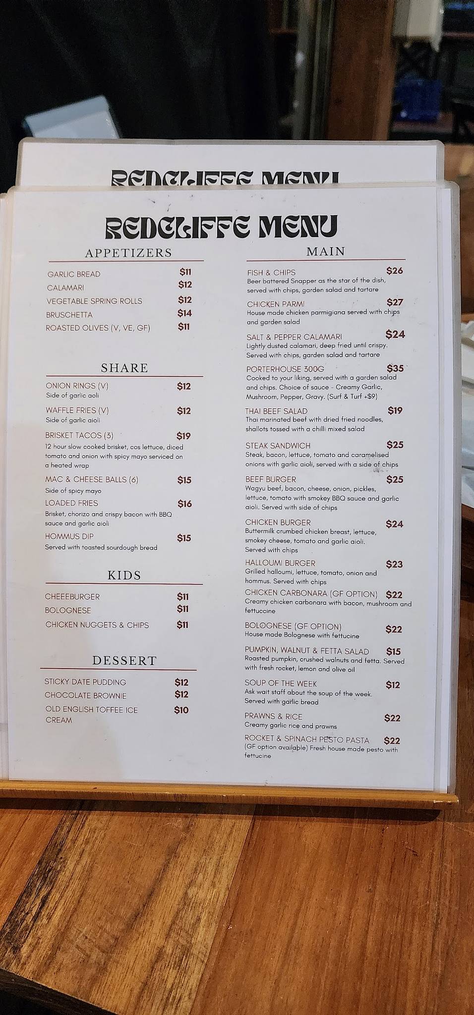 Menu at Redcliffe on The Murray restaurant, Pinjarra